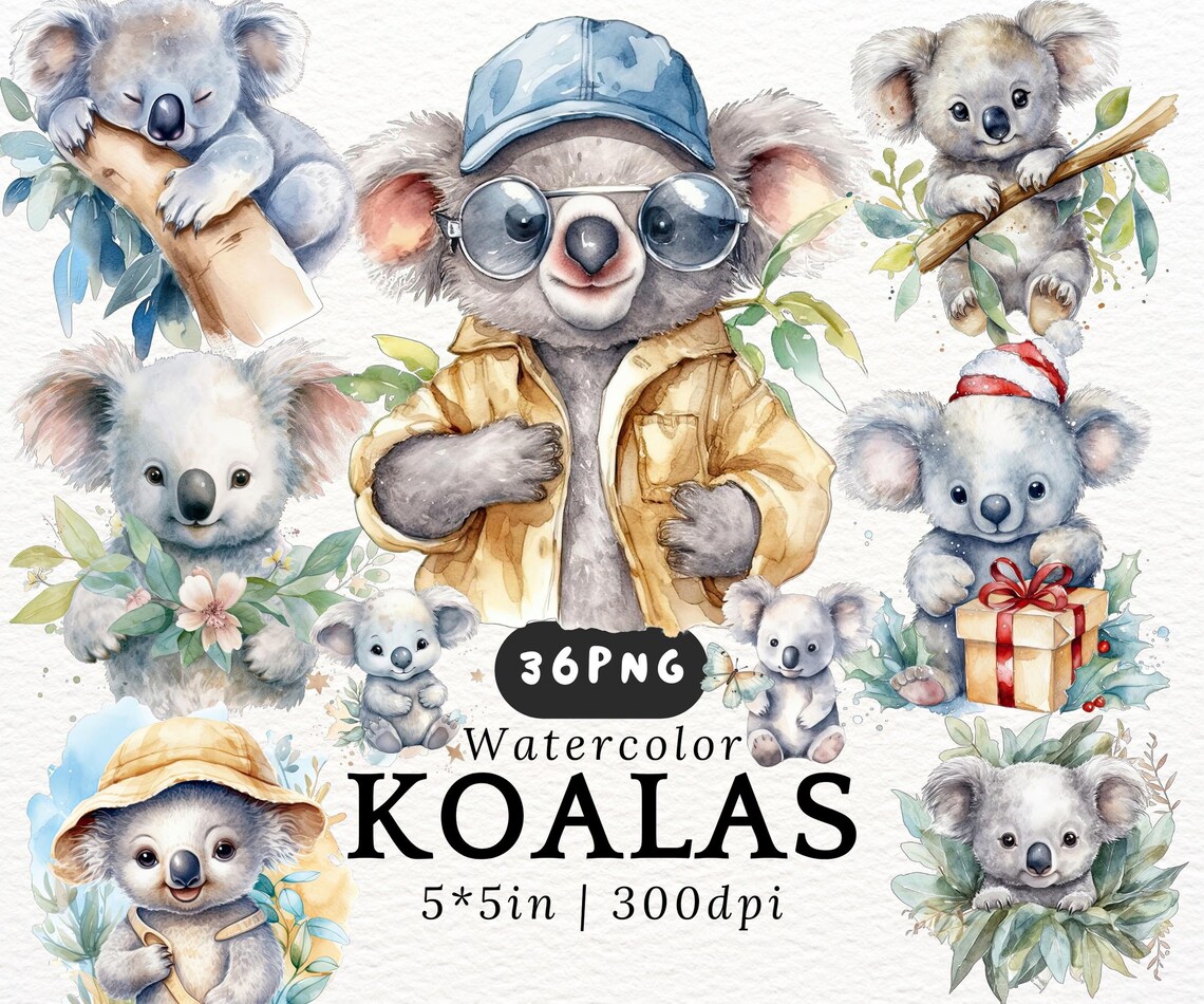 Chubby Koalas Watercolor Clipart Cute Kawaii Cartoon Koalas, Baby ...