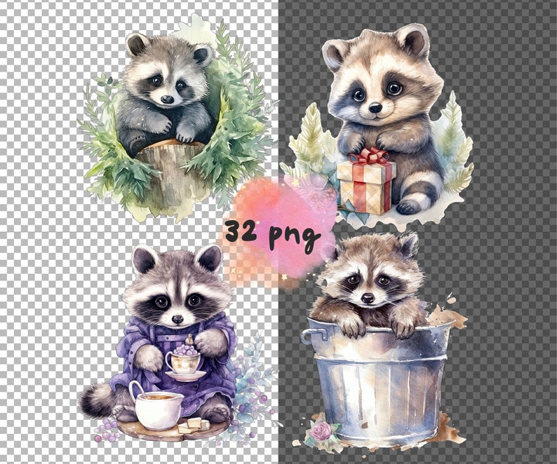 Chubby Raccoon Watercolor Clipart Cute Kawaii Cartoon - Etsy