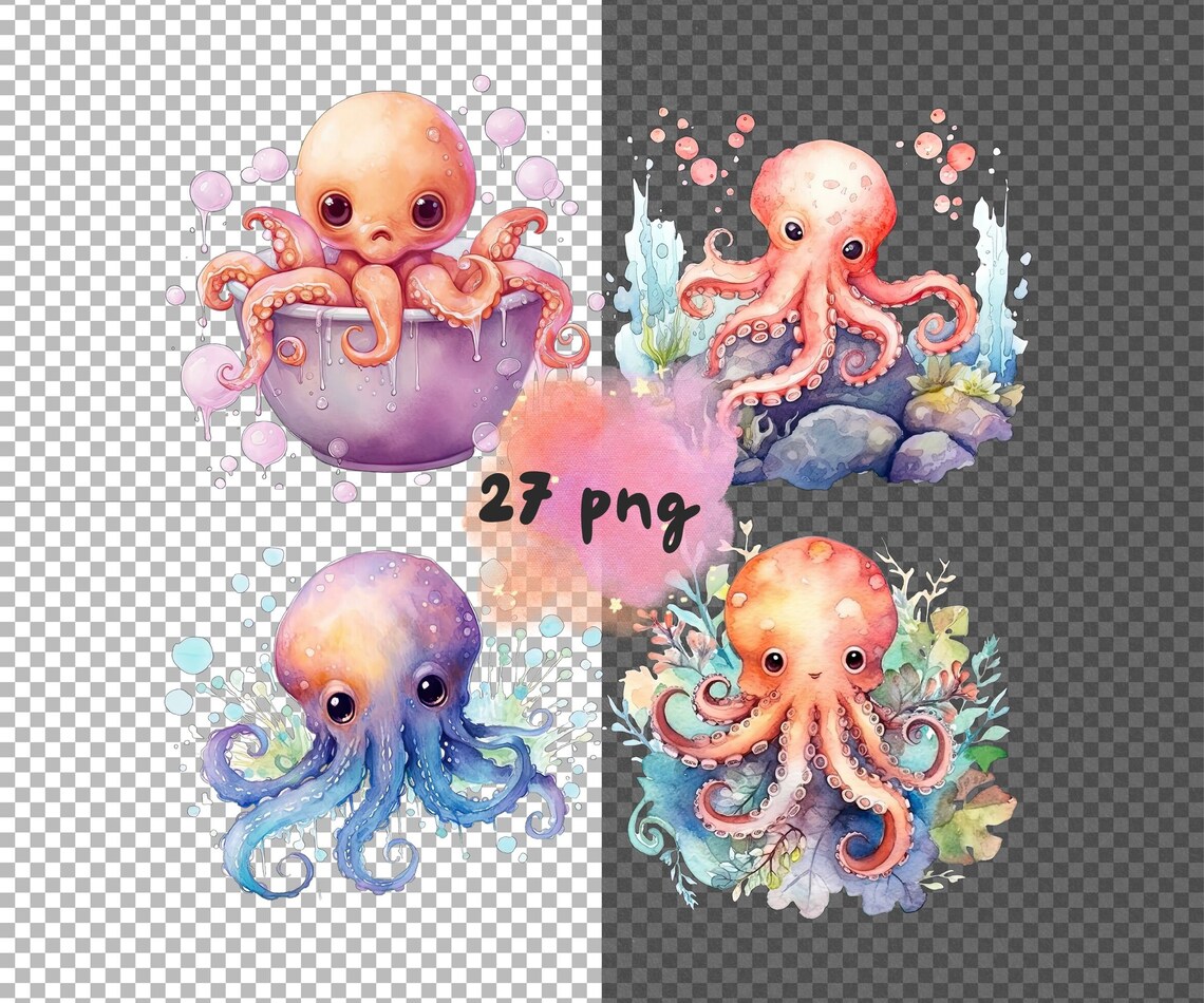 Chubby Octopuses Watercolor Clipart Cute Kawaii Cartoon - Etsy