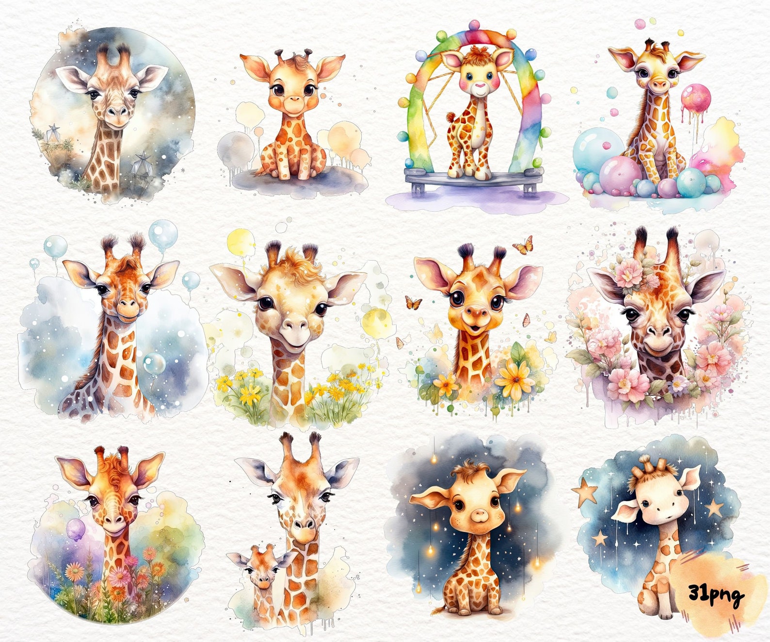 Chubby Giraffes Watercolor Clipart Cute Kawaii Cartoon Giraffes, Baby ...