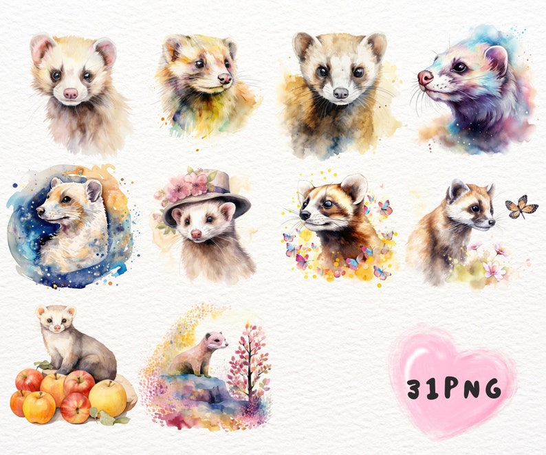 Watercolor Ferret Clipart - Cute Kawaii Ferrets,baby Ferret Pngs ...