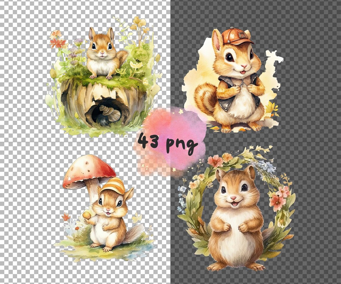 Chubby Chipmunk Watercolor Clipart Cute Kawaii Cartoon - Etsy