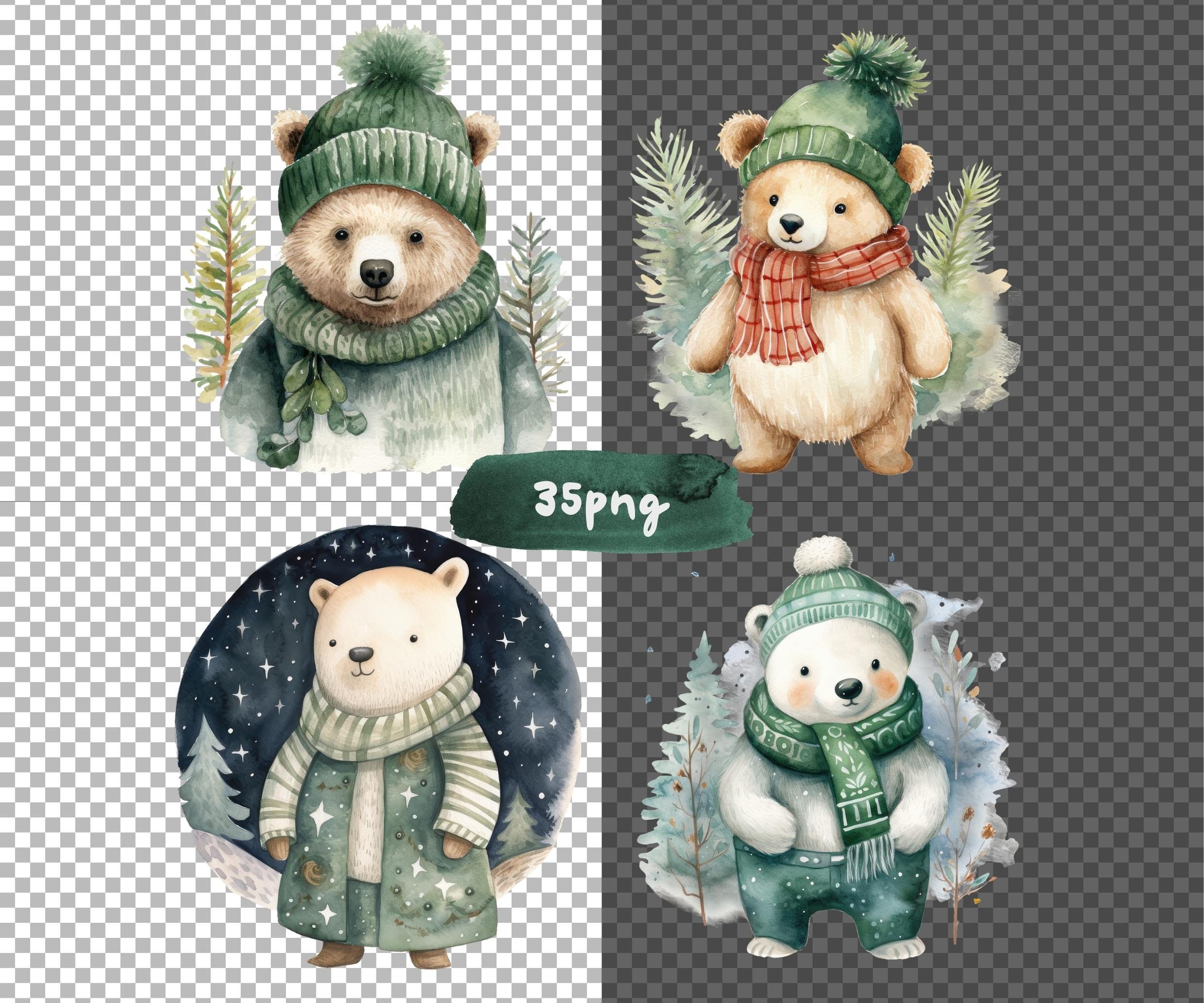 Winter Bear Clipart,watercolor Kawaii Cartoon Cuddly Bear With Snow ...