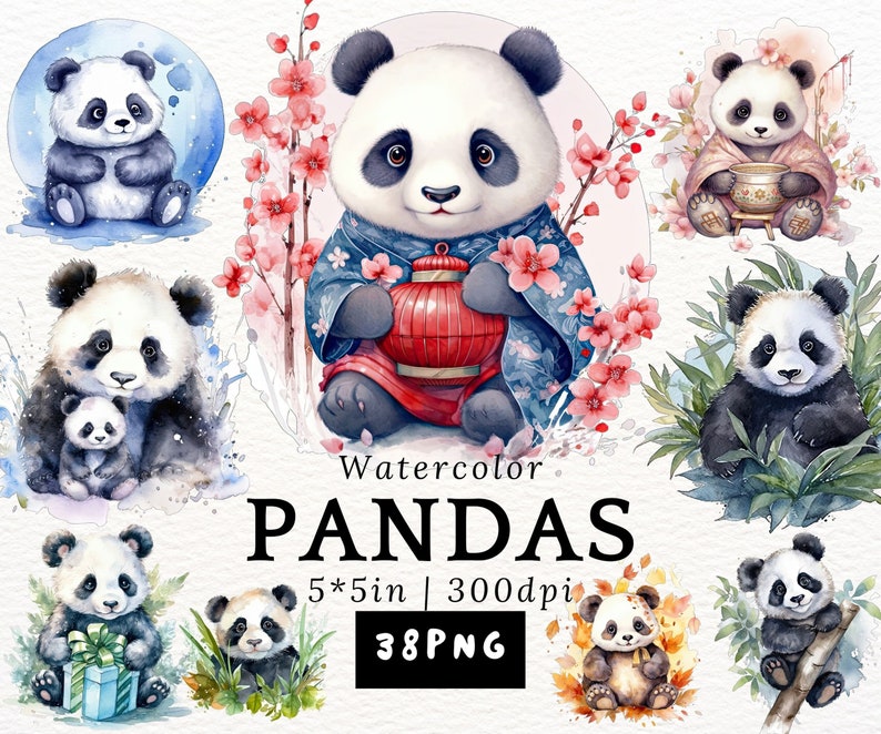 Chubby Pandas Watercolor Clipart - Cute Kawaii Cartoon Pandas, Baby ...