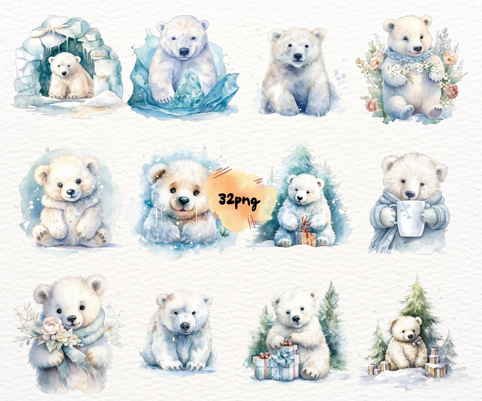 Chubby Polar Bear Watercolor Clipart - Kawaii Cartoon Polar Bear Art ...