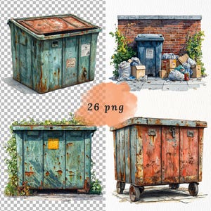 Rusty Dumpster PNG Clipart， Watercolor Trash Bins With Grunge Texture ...
