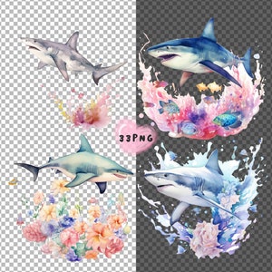 Watercolor Shark PNG Clipart,33 Cute Ocean Sharks With Bubbles, Coral ...