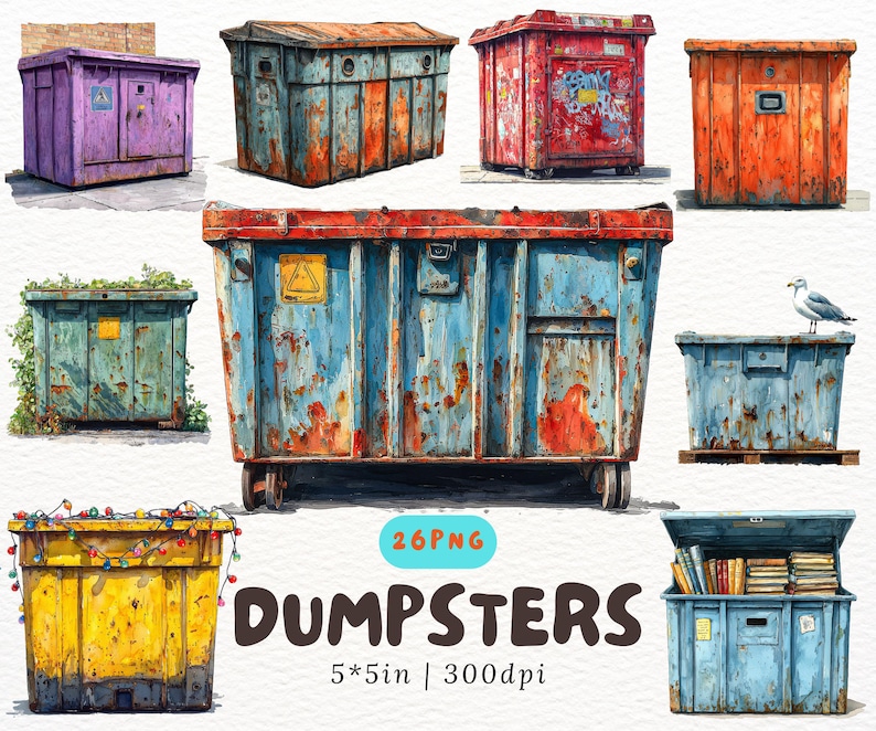 Rusty Dumpster PNG Clipart， Watercolor Trash Bins With Grunge Texture ...
