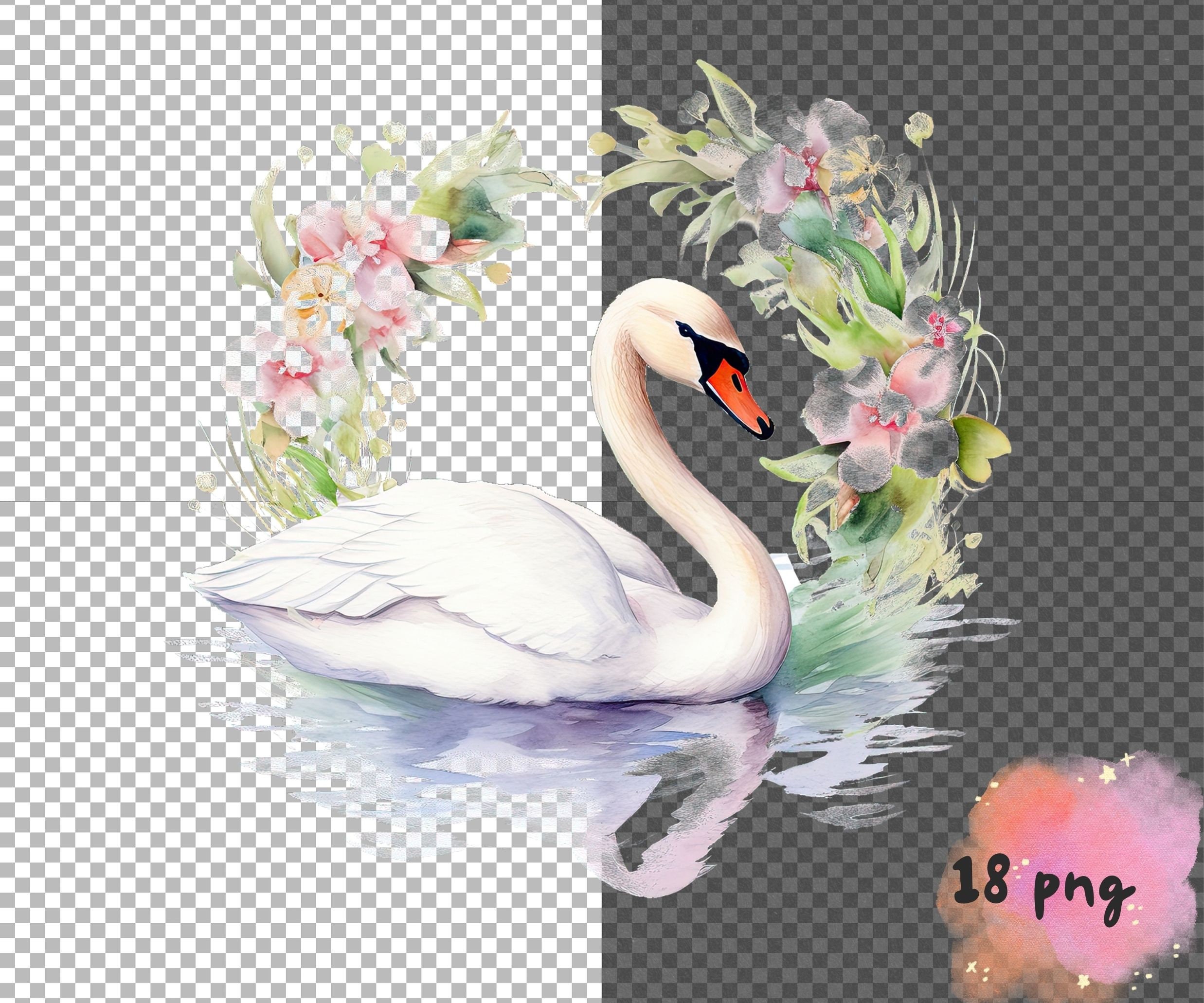 Swans Watercolor Clipart, Cute Elegant Cartoon Black Swans With Flowers ...