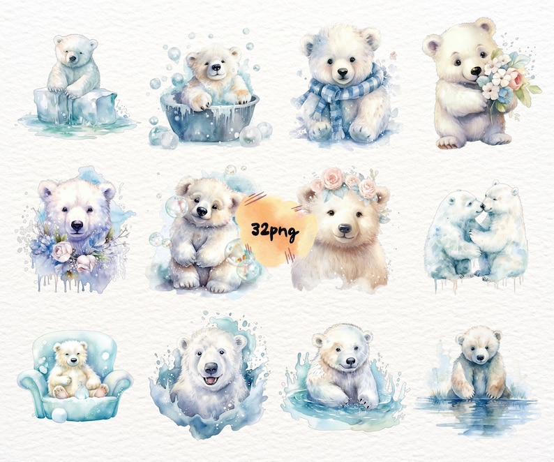 Chubby Polar Bear Watercolor Clipart - Kawaii Cartoon Polar Bear Art ...