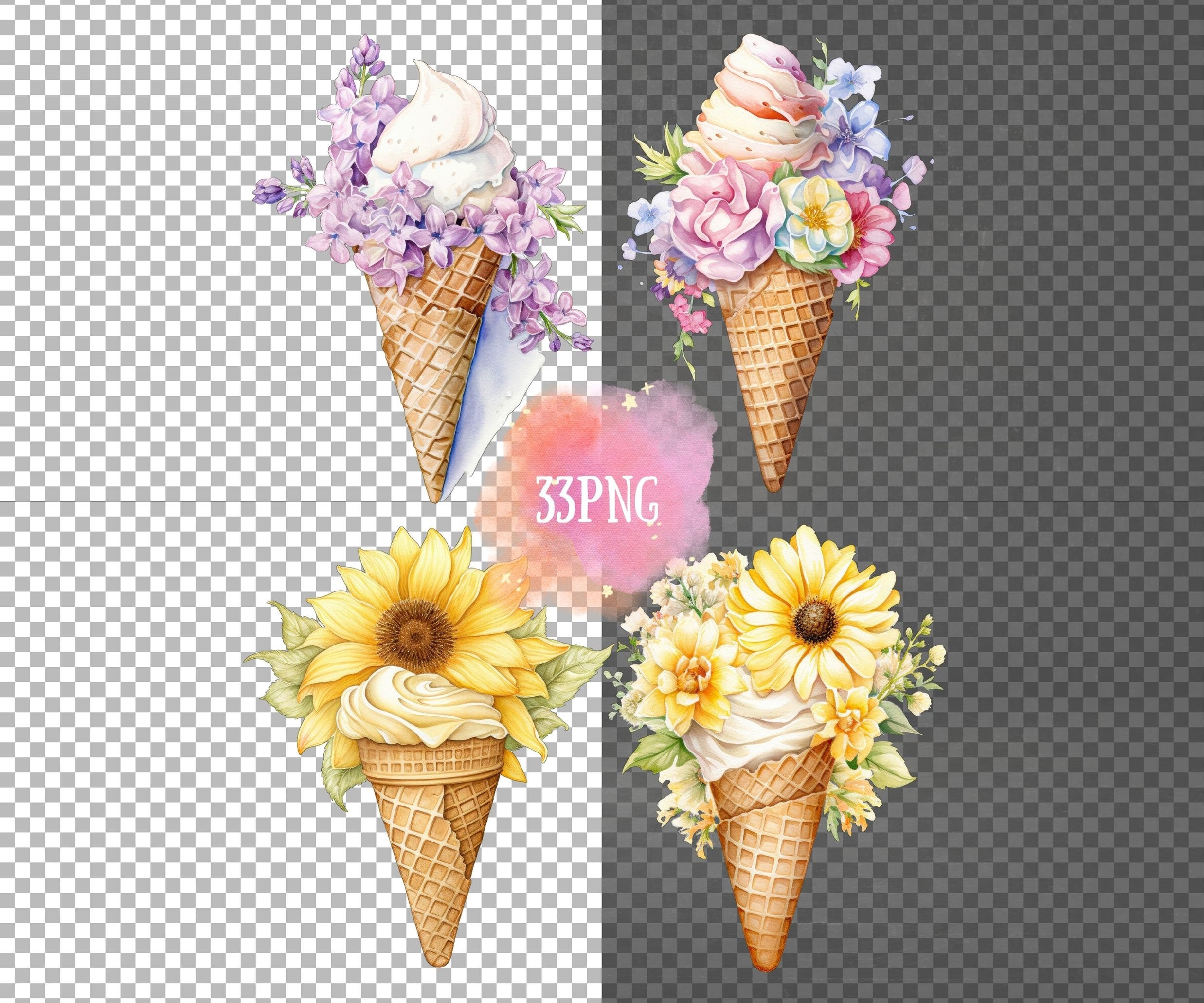 Watercolor Ice Cream Cone Clipart, Ice Cream With Flowers,plants,pastel ...