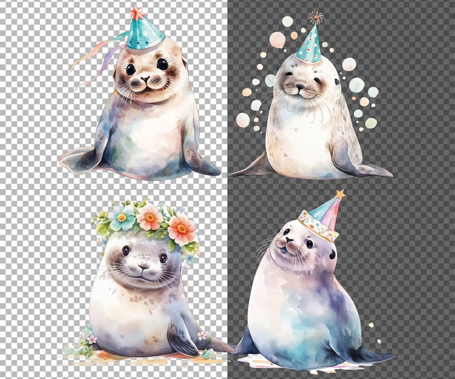 Chubby Seals Watercolor Clipart Cute Kawaii Cartoon Pinnipeds, Baby Sea ...