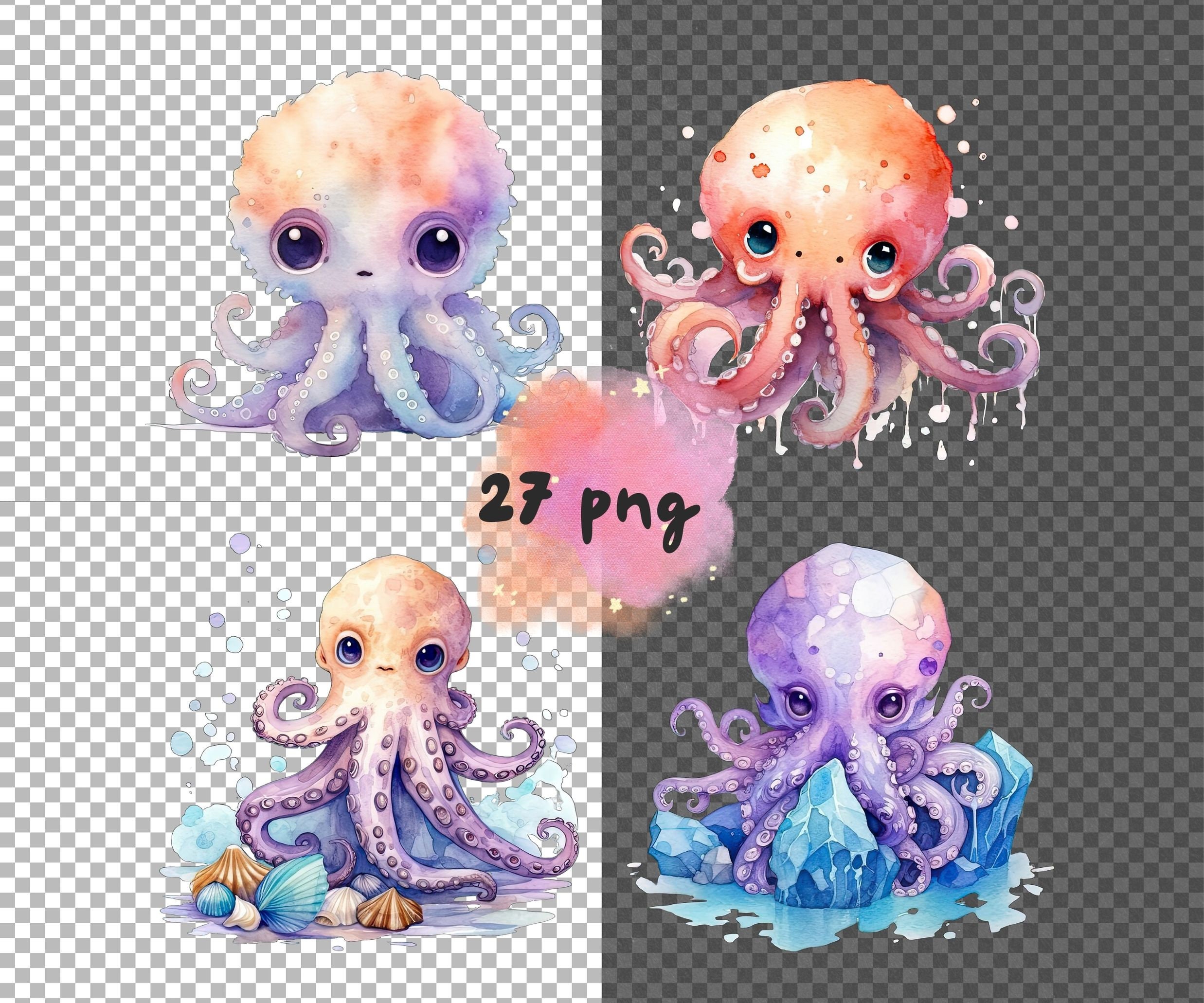 Chubby Octopuses Watercolor Clipart Cute Kawaii Cartoon Octopuses, Baby ...