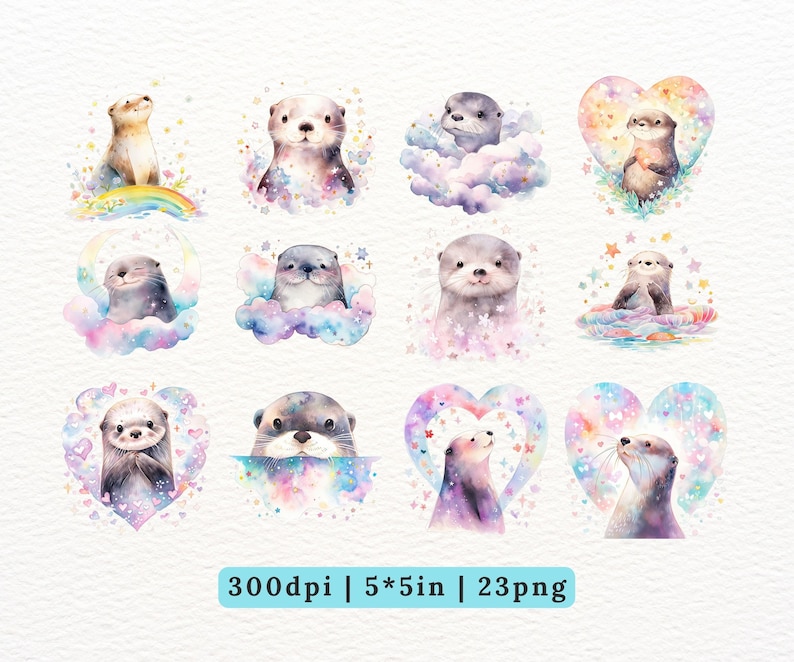 Chubby Otters Watercolor Clipart Cute Kawaii Cartoon Sea Otters, Baby ...