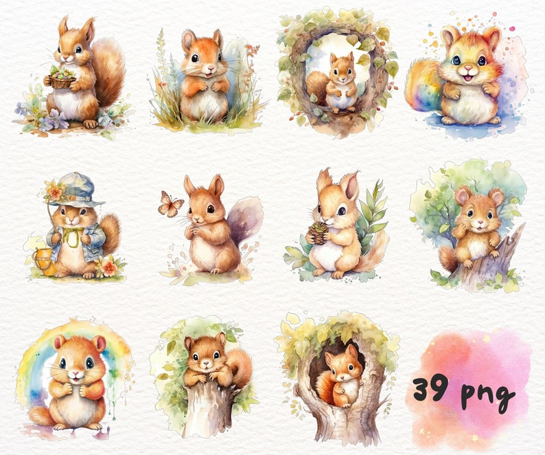 Chubby Squirrels Watercolor Clipart Cute Kawaii Cartoon Squirrels, Baby ...