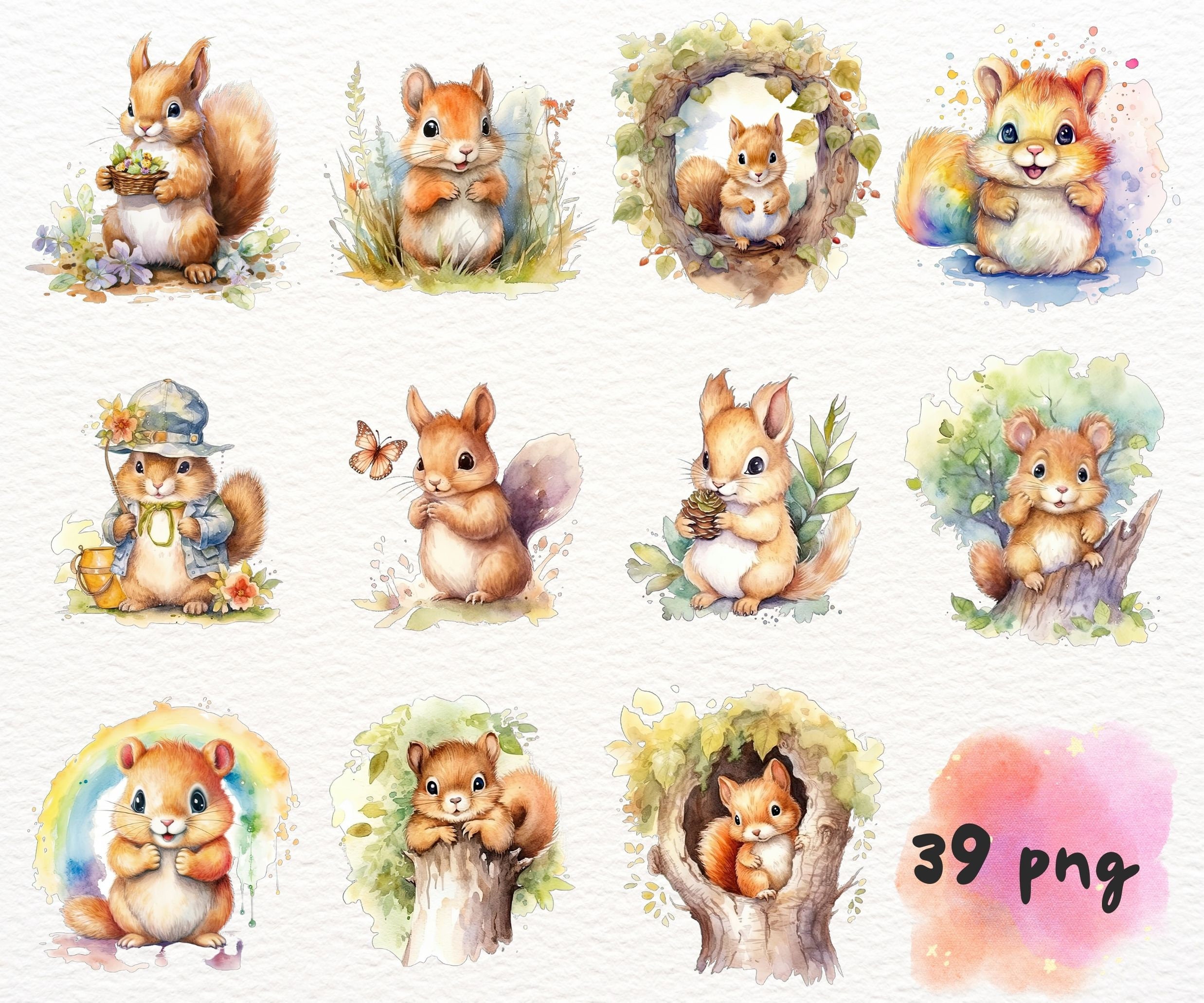 Chubby Squirrels Watercolor Clipart Cute Kawaii Cartoon Squirrels, Baby ...