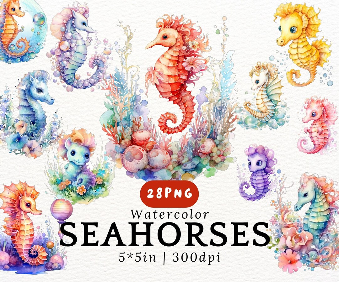 Pastel Watercolor Seahorse Clipart Bundle Baby Sea Animal PNG Images ...