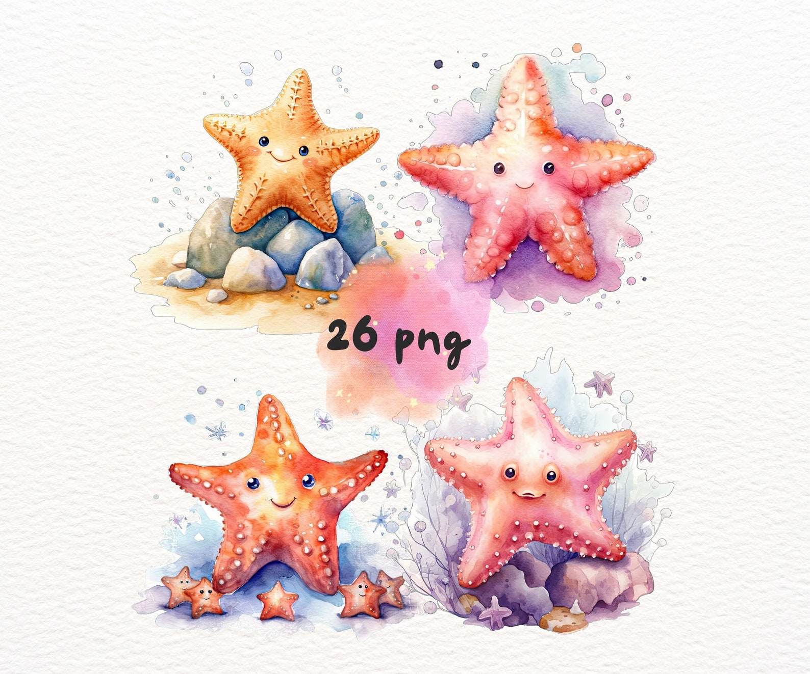 Chubby Star Fish Watercolor Clipart Cute Kawaii Cartoon Sea Stars, Baby ...