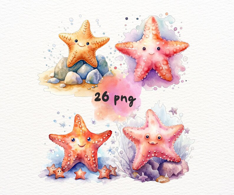 Chubby Star Fish Watercolor Clipart Cute Kawaii Cartoon Sea Stars, Baby ...