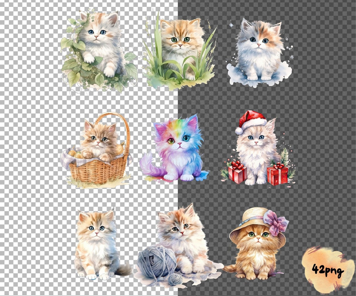 Chubby Kittens Watercolor Clipart Cute Kawaii Cartoon - Etsy