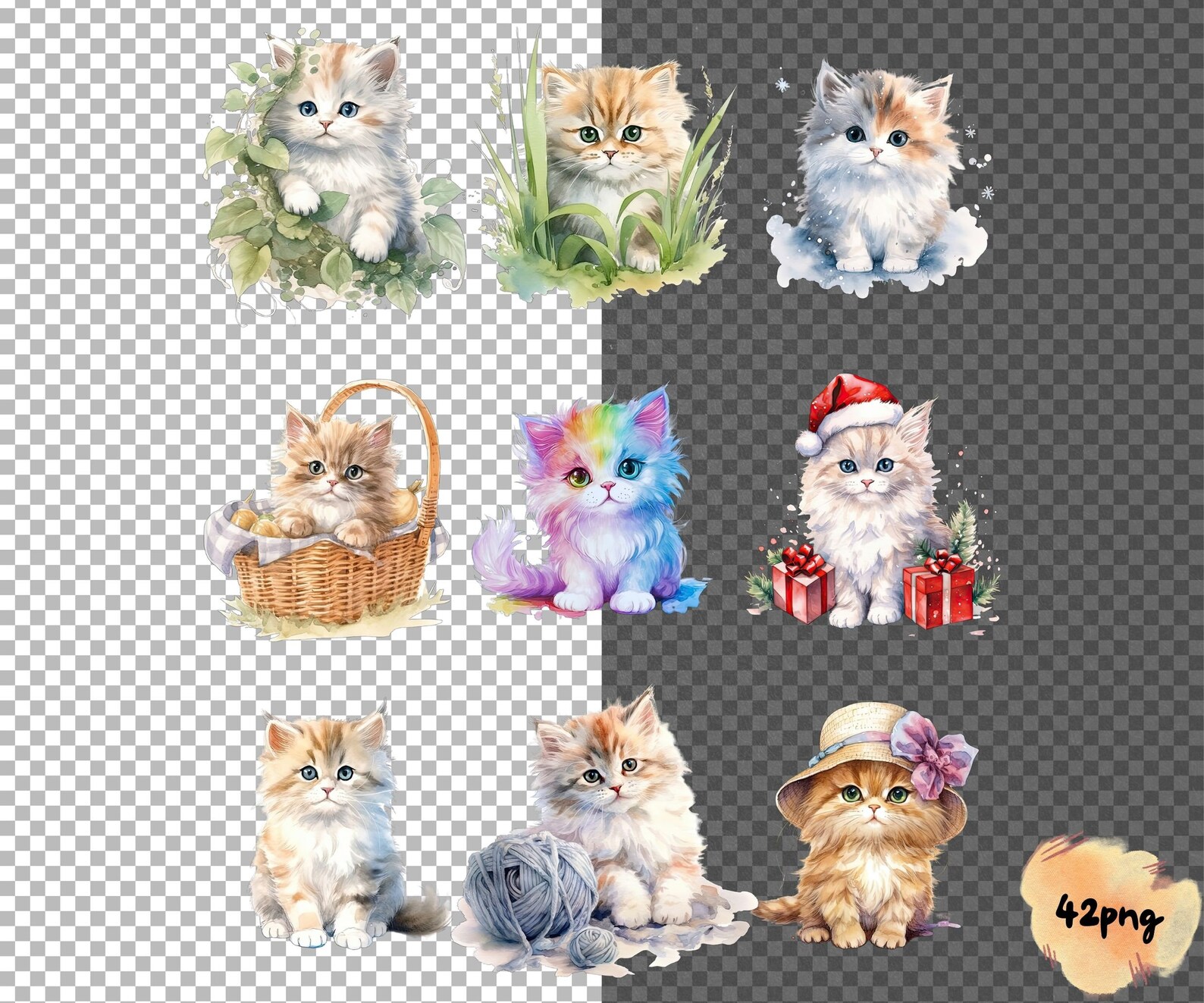 Chubby Kittens Watercolor Clipart Cute Kawaii Cartoon - Etsy