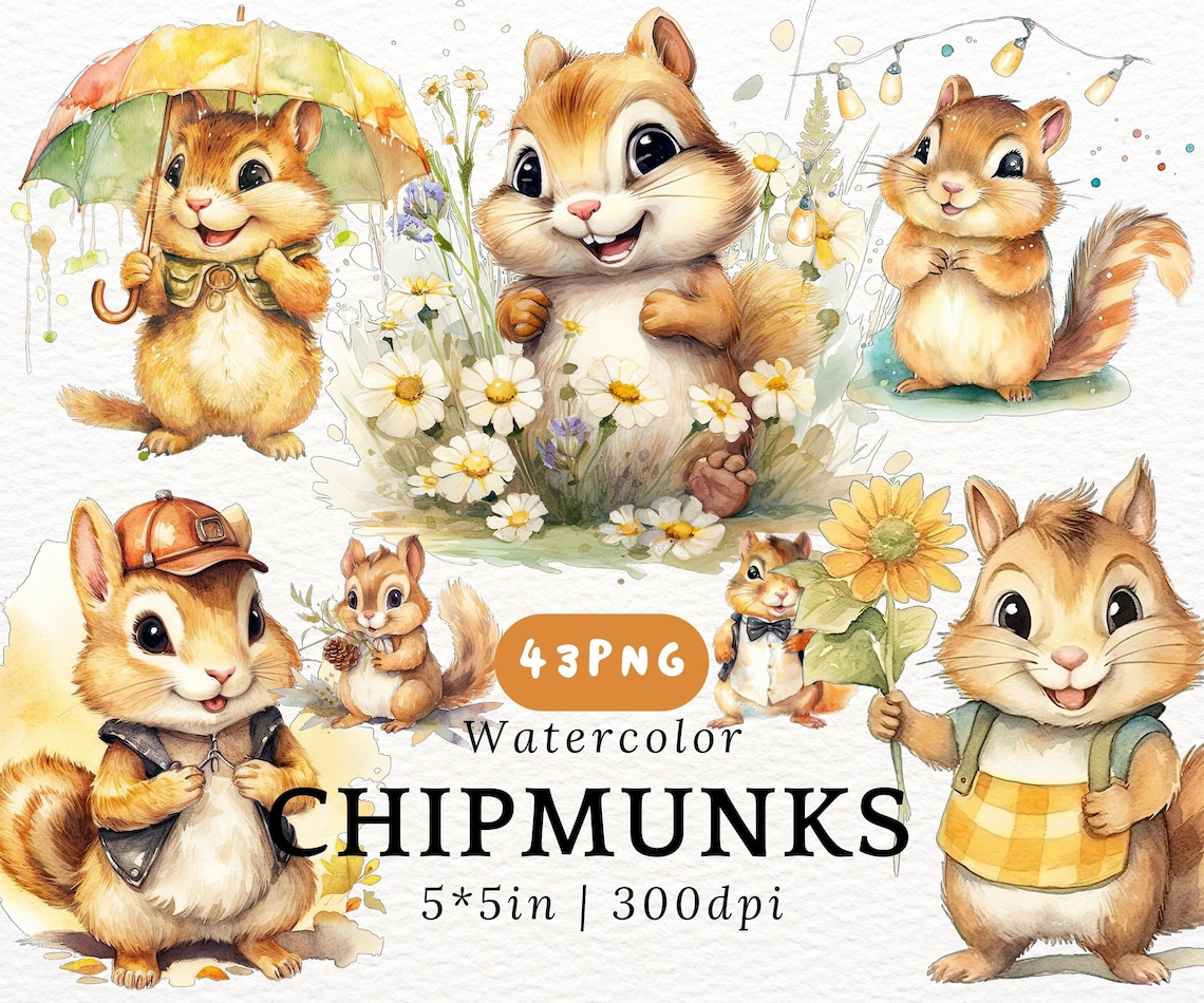 Chubby Chipmunk Watercolor Clipart Cute Kawaii Cartoon Chipmunks, Baby ...