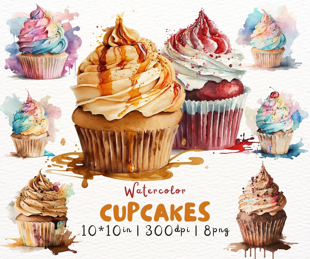 Watercolor Cupcake Clipart -rainbow, Caramel, Chocolate & Red Velvet ...