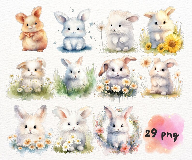 Watercolor Bunny Clipart Cute Baby Rabbit PNG Set for Nursery Decor ...