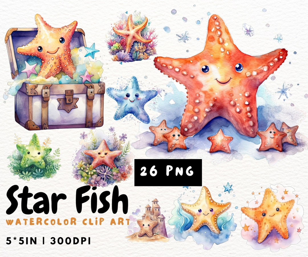 Chubby Star Fish Watercolor Clipart Cute Kawaii Cartoon Sea - Etsy