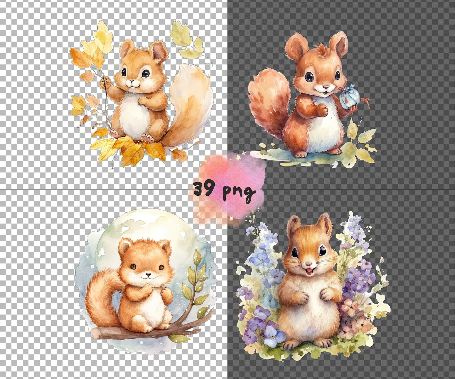 Chubby Squirrels Watercolor Clipart Cute Kawaii Cartoon Squirrels, Baby ...