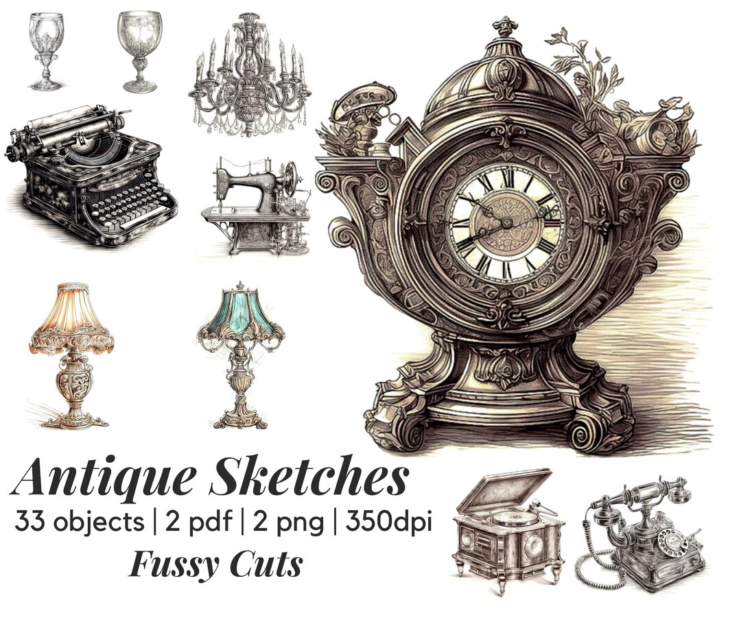 Vintage Objects Pencil Sketch Collection - Set of 33, Fussy Cut ...