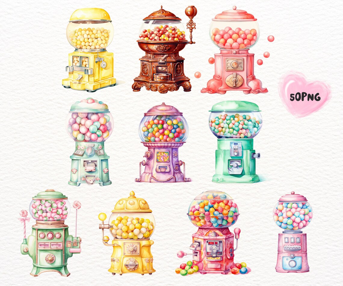 Candy Machine Clipart Bundle Vintage Watercolor Gumball Candy - Etsy
