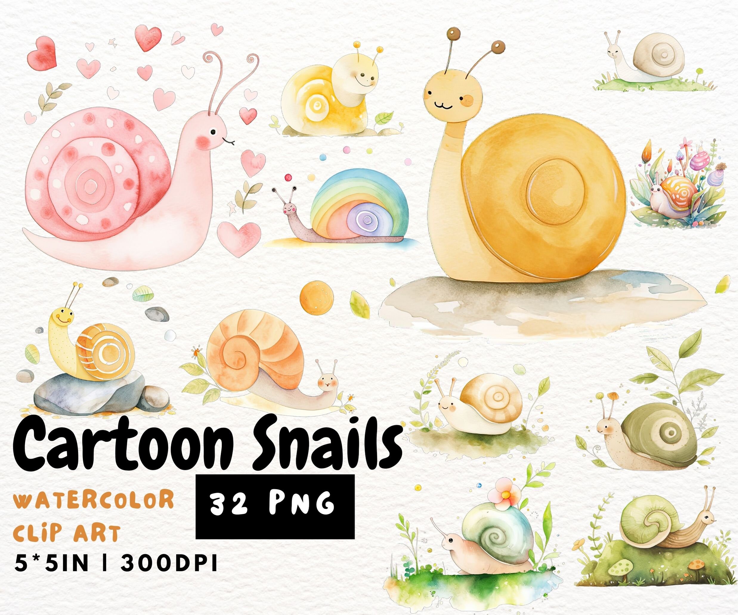 Cartoon Snails Watercolor Clipart Cute Kawaii Chubby Snails - Etsy ...