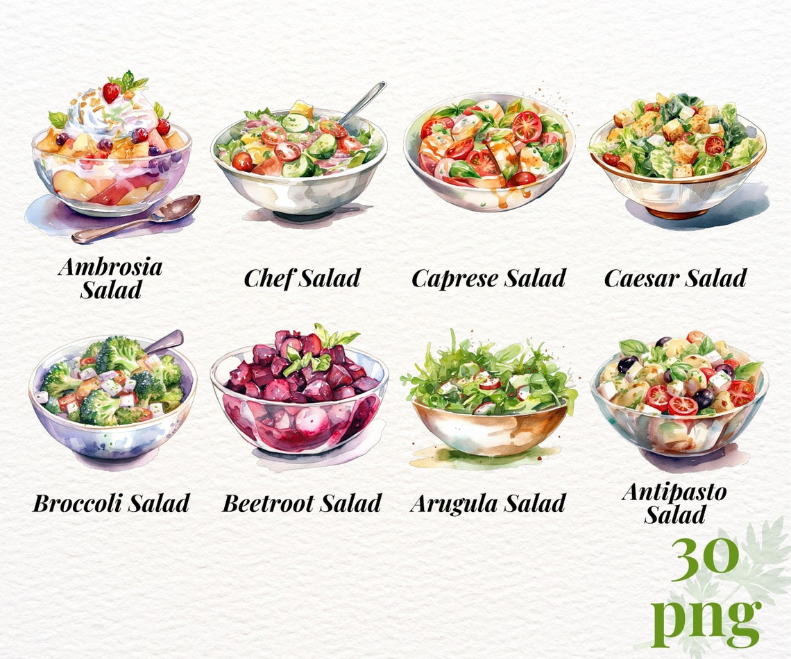 Salad Bowl Clipart Collection, Watercolor Salad Variety Pack, Caesar ...