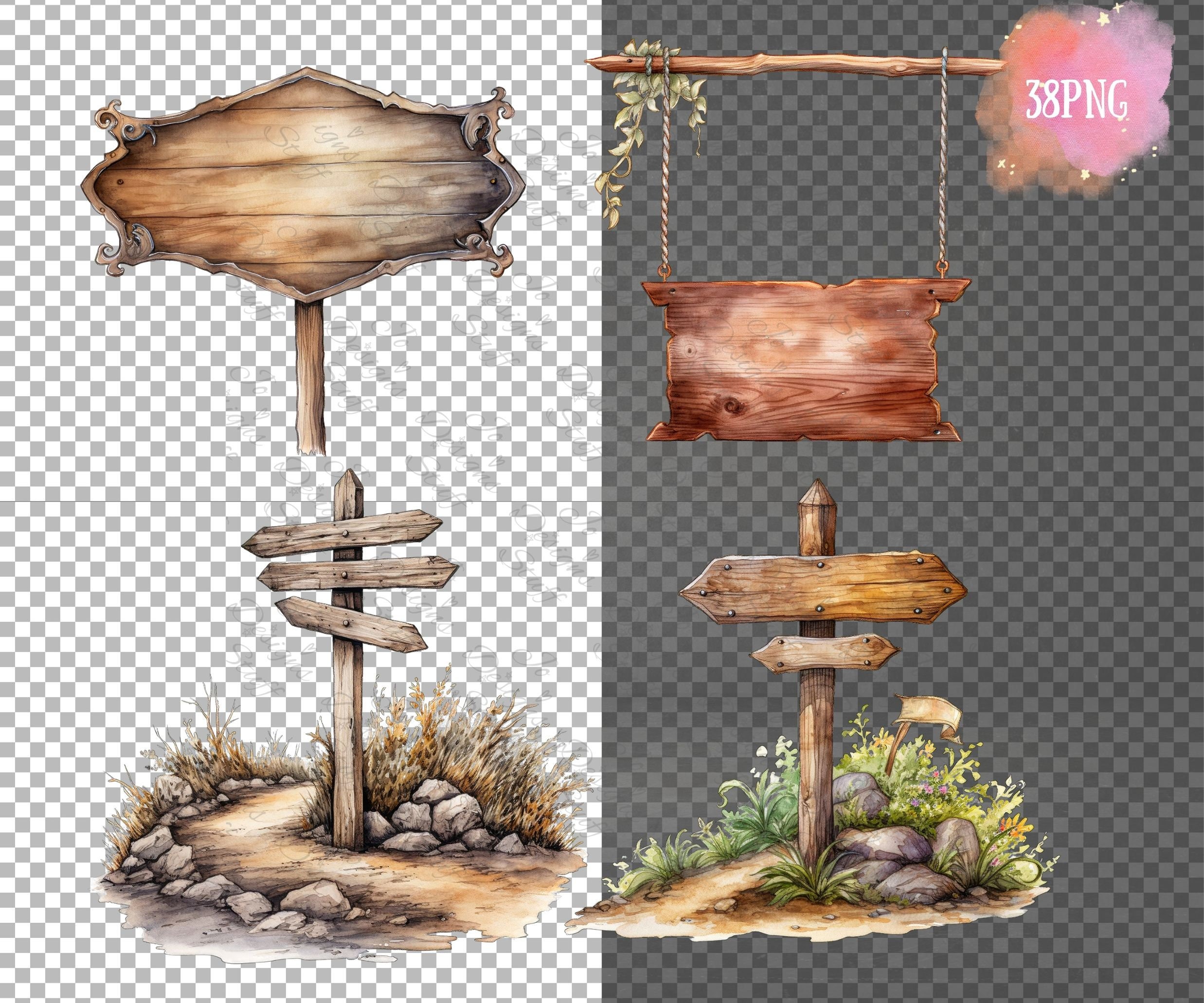 Watercolor Wooden Signs Clipart, Vintage Village Rustic Road and Door ...