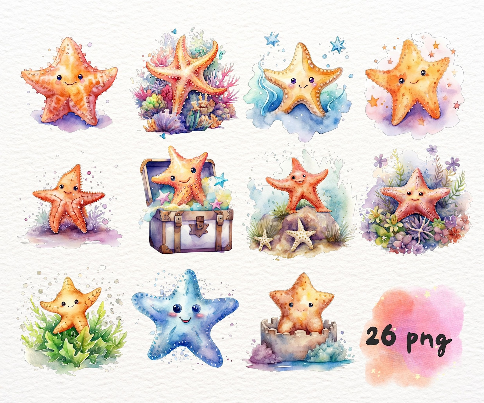 Chubby Star Fish Watercolor Clipart Cute Kawaii Cartoon Sea Stars, Baby ...