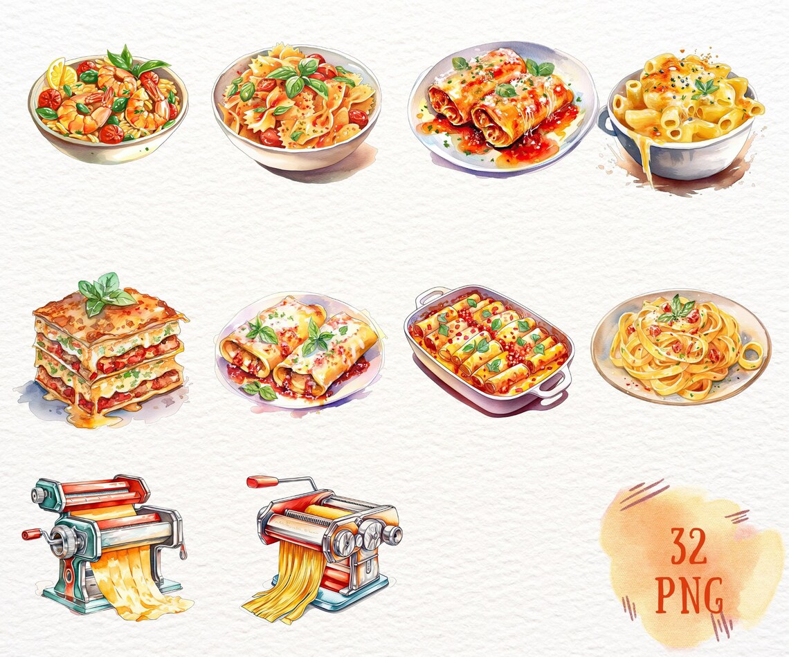 Pasta Watercolor Clipart, Pasta Machine, Ravioli, Penne Rigate, Fusilli ...