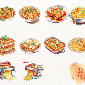 Pasta Watercolor Clipart, Pasta Machine, Ravioli, Penne Rigate, Fusilli ...