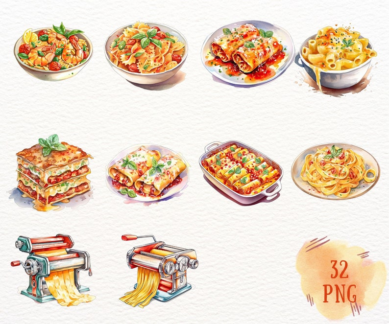 Pasta Watercolor Clipart, Pasta Machine, Ravioli, Penne Rigate, Fusilli ...
