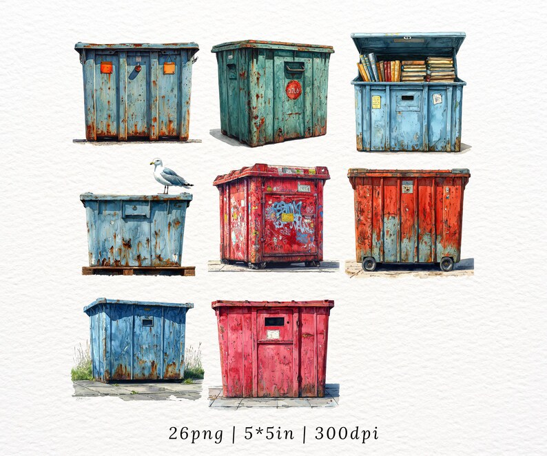 Rusty Dumpster PNG Clipart， Watercolor Trash Bins With Grunge Texture ...
