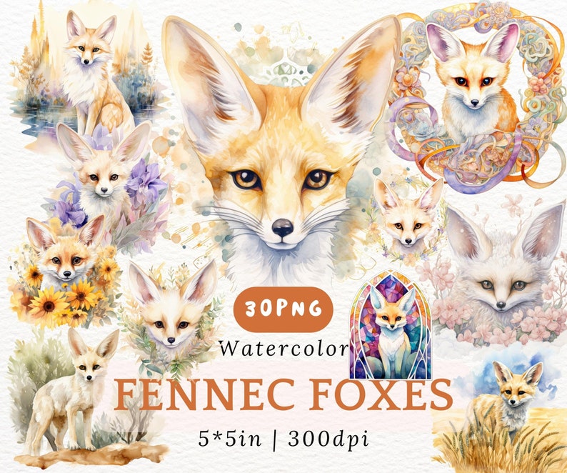 Watercolor Fennec Fox Clipart - Cute Kawaii Small Foxes, Baby Foxes ...