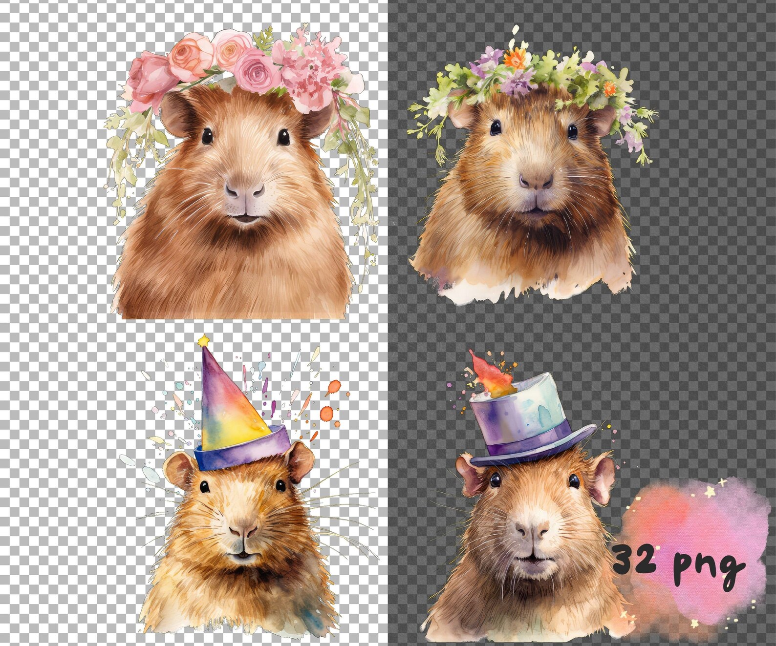 Chubby Capybaras Watercolor Clipart Cute Kawaii Cartoon Capybaras, Baby ...