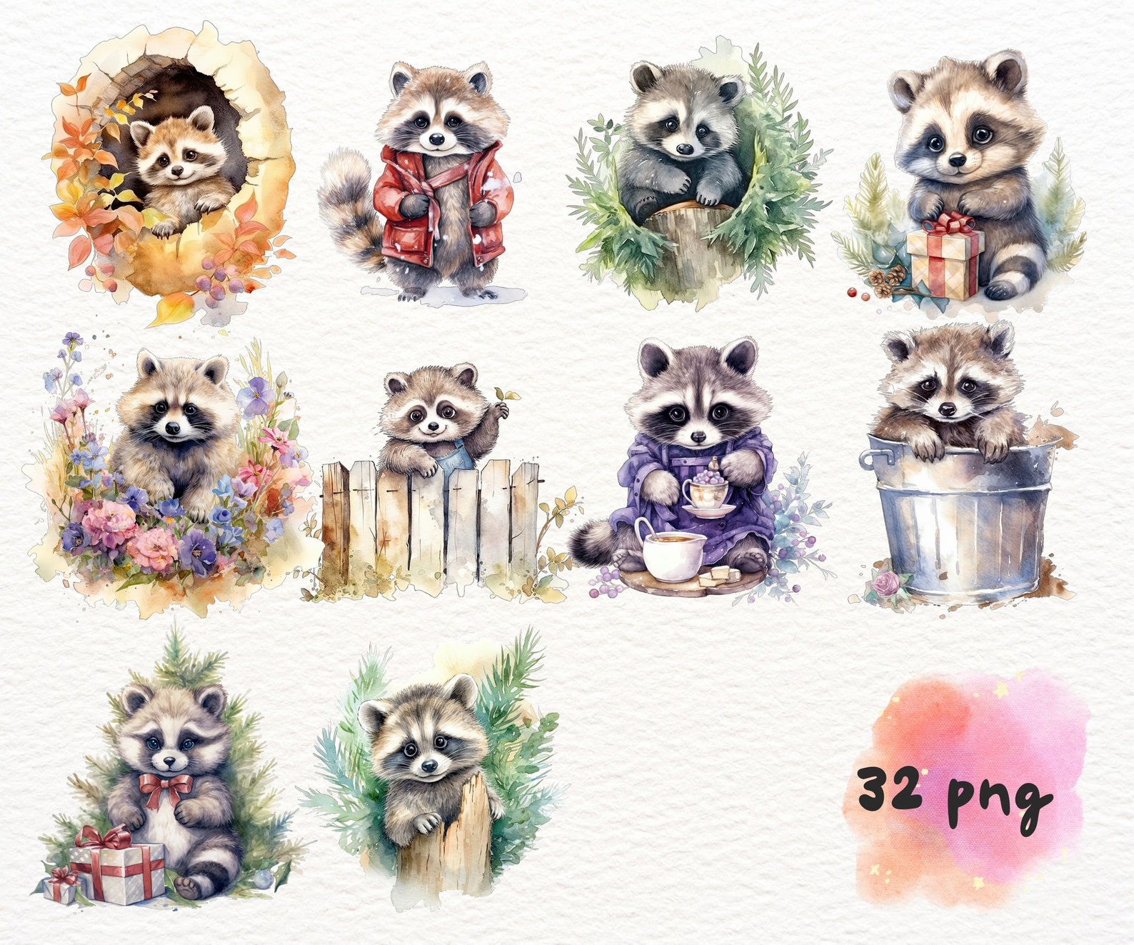 Chubby Raccoon Watercolor Clipart Cute Kawaii Cartoon Raccoons, Baby ...