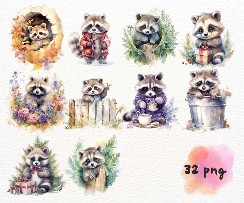 Chubby Raccoon Watercolor Clipart Cute Kawaii Cartoon Raccoons, Baby ...