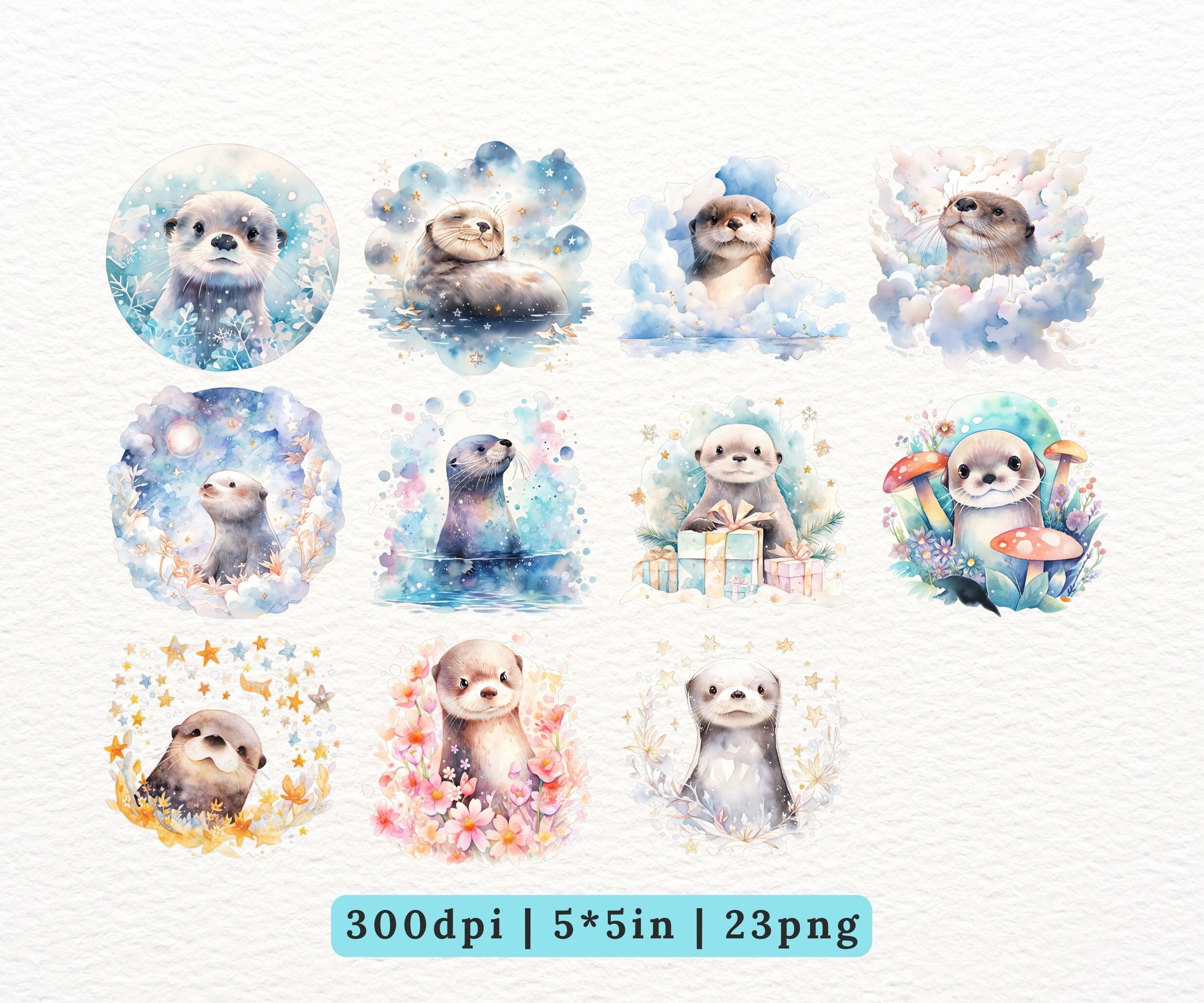 Chubby Otters Watercolor Clipart Cute Kawaii Cartoon Sea Otters, Baby ...