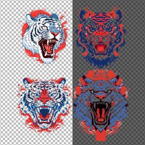 Chinese Porcelain Tiger Clipart, Red Blue Tiger Heads Png,vintage ...
