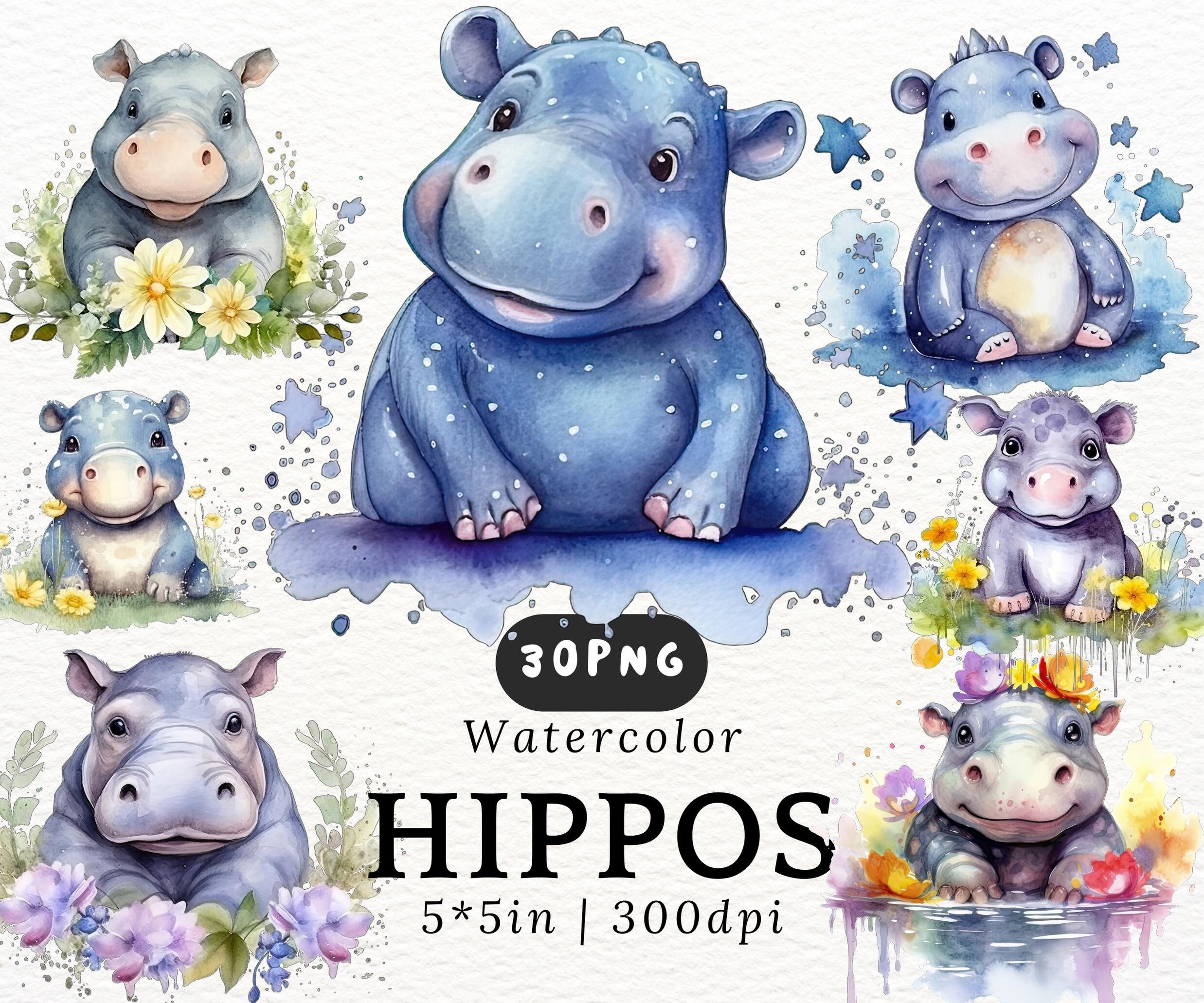 Chubby Hippos Watercolor Clipart Cute Kawaii Cartoon Hippos, Baby ...