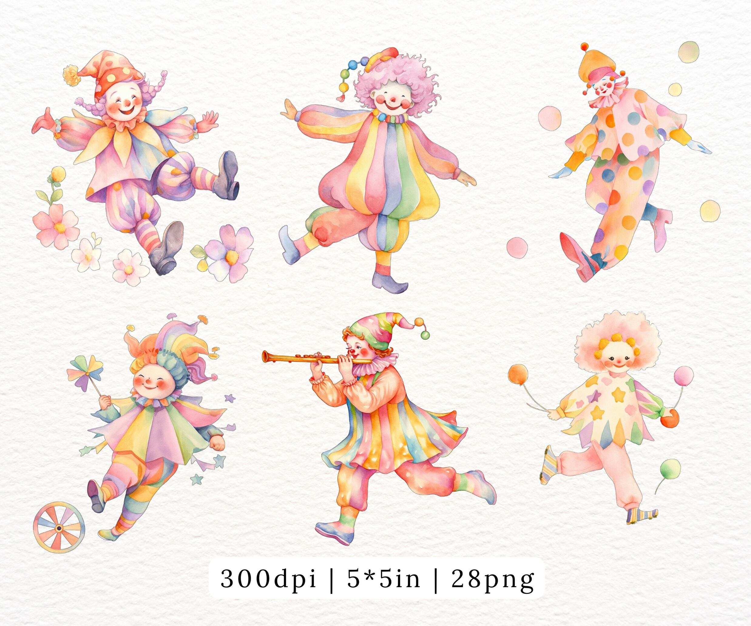 Watercolor Dancing Clown Clipart, Cute Cartoon Pastel Carnival Clown ...