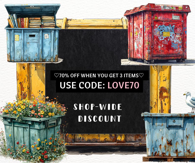 Rusty Dumpster PNG Clipart， Watercolor Trash Bins With Grunge Texture ...