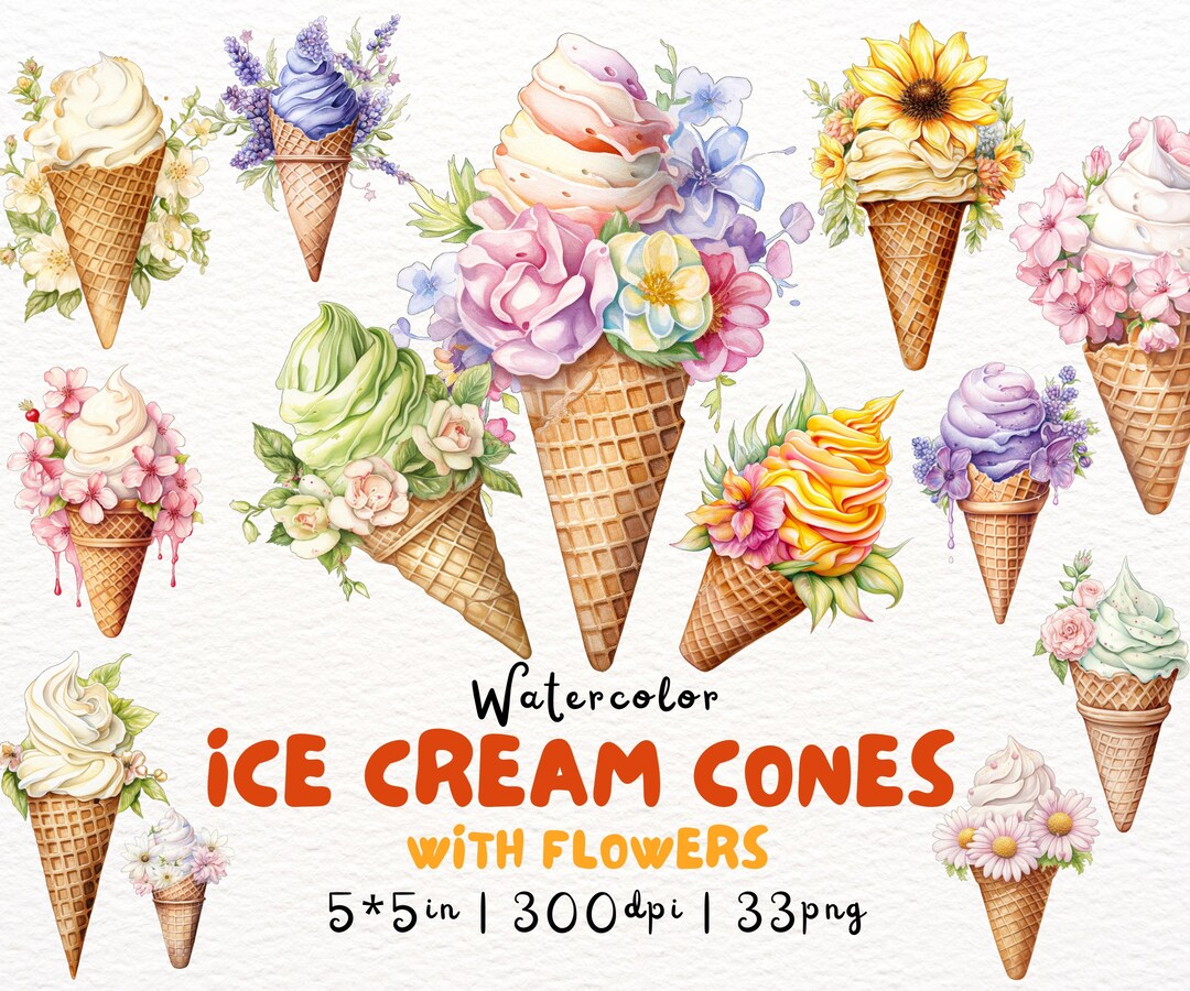 Watercolor Ice Cream Cone Clipart, Ice Cream With Flowers,plants,pastel ...
